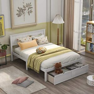 SOFTSEA Full Bed Frame with Drawers Storage Bed Wood Platform Bed Frame with Headboard and Footboard