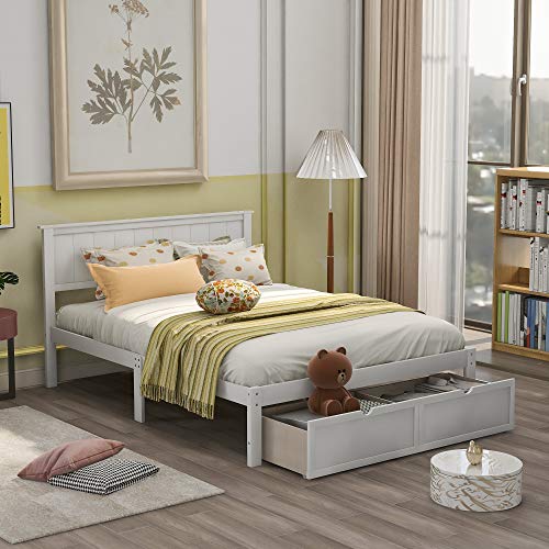 SOFTSEA Full Bed Frame with Drawers Storage Bed Wood Platform Bed Frame with Headboard and Footboard