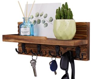 webravery decorative key hanging rack with 4 double hooks – easy install natural wooden key and mail holder for wall mount – entryway decor rack with shelf