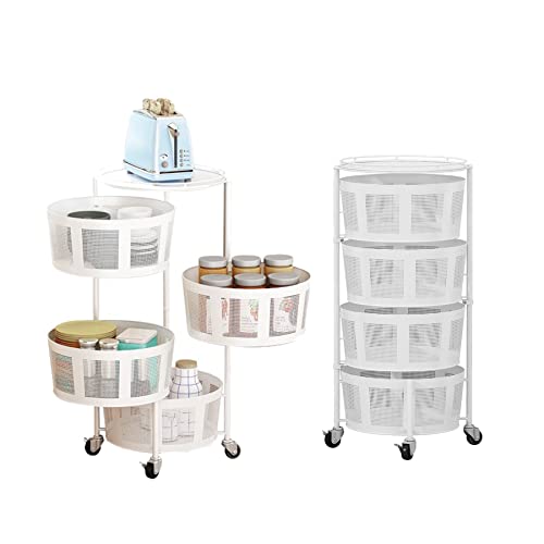 Rotating Kitchen Storage Rack 4 Tier Round Metal Baskets on Wheels Floor-Standing Fruit and Vegetable Storage Basket Household Storage Rack for Bathroom Kitchen Living Room, White