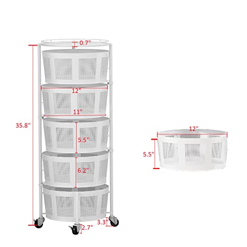 Rotating Kitchen Storage Rack 4 Tier Round Metal Baskets on Wheels Floor-Standing Fruit and Vegetable Storage Basket Household Storage Rack for Bathroom Kitchen Living Room, White