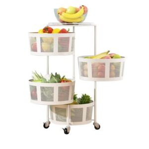 Rotating Kitchen Storage Rack 4 Tier Round Metal Baskets on Wheels Floor-Standing Fruit and Vegetable Storage Basket Household Storage Rack for Bathroom Kitchen Living Room, White