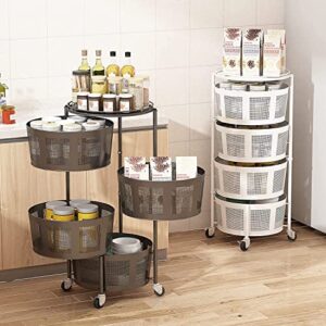 Rotating Kitchen Storage Rack 4 Tier Round Metal Baskets on Wheels Floor-Standing Fruit and Vegetable Storage Basket Household Storage Rack for Bathroom Kitchen Living Room, White