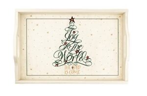 elysian gift shop joy to the world christmas serving tray- rustic farmhouse modern slatted wood look with handles and christmas tree christmas decorative large platter, ivory, 18x12