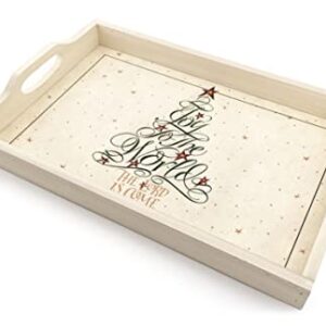 Elysian Gift Shop Joy to The World Christmas Serving Tray- Rustic Farmhouse Modern slatted Wood Look with Handles and Christmas Tree Christmas Decorative Large Platter, Ivory, 18x12