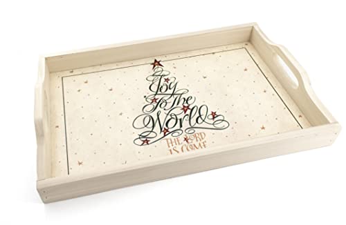 Elysian Gift Shop Joy to The World Christmas Serving Tray- Rustic Farmhouse Modern slatted Wood Look with Handles and Christmas Tree Christmas Decorative Large Platter, Ivory, 18x12