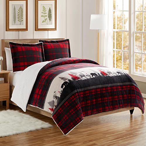 Sweet Home Collection Comforter Set Buffalo Plaid Check Lodge Cabin Print Sherpa Lined Ultra Soft Cozy Plush Bedding, Queen, Burgundy