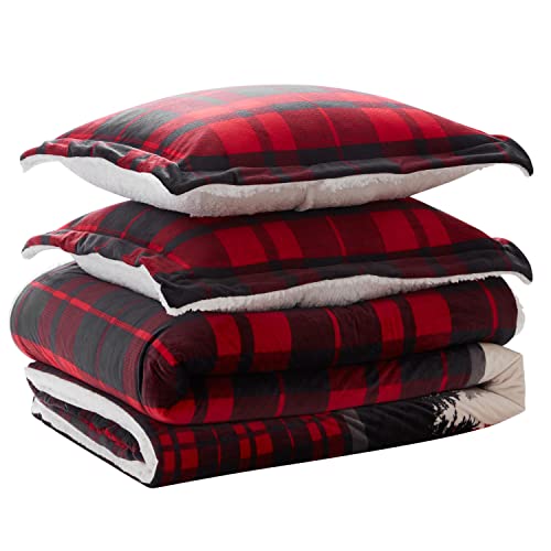 Sweet Home Collection Comforter Set Buffalo Plaid Check Lodge Cabin Print Sherpa Lined Ultra Soft Cozy Plush Bedding, Queen, Burgundy