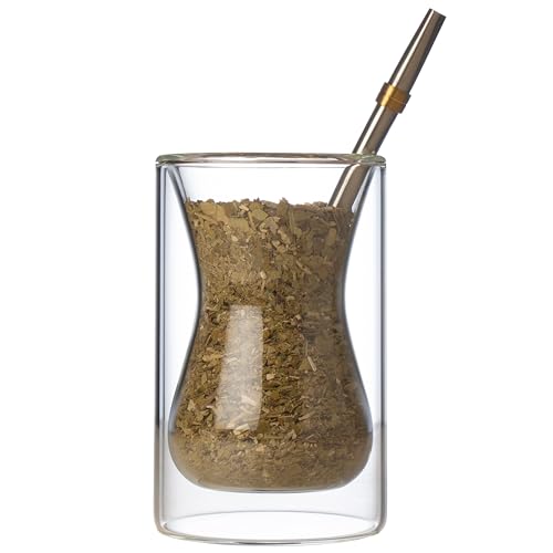 GAUCHO-MARKET Yerba Mate Cup Gourd Set, with 2 Argentine Bombilla Straw and Brush. Insulated Double Wall Glass, Keeps Water Hot While Protects your Hands from Heat. (Clear)