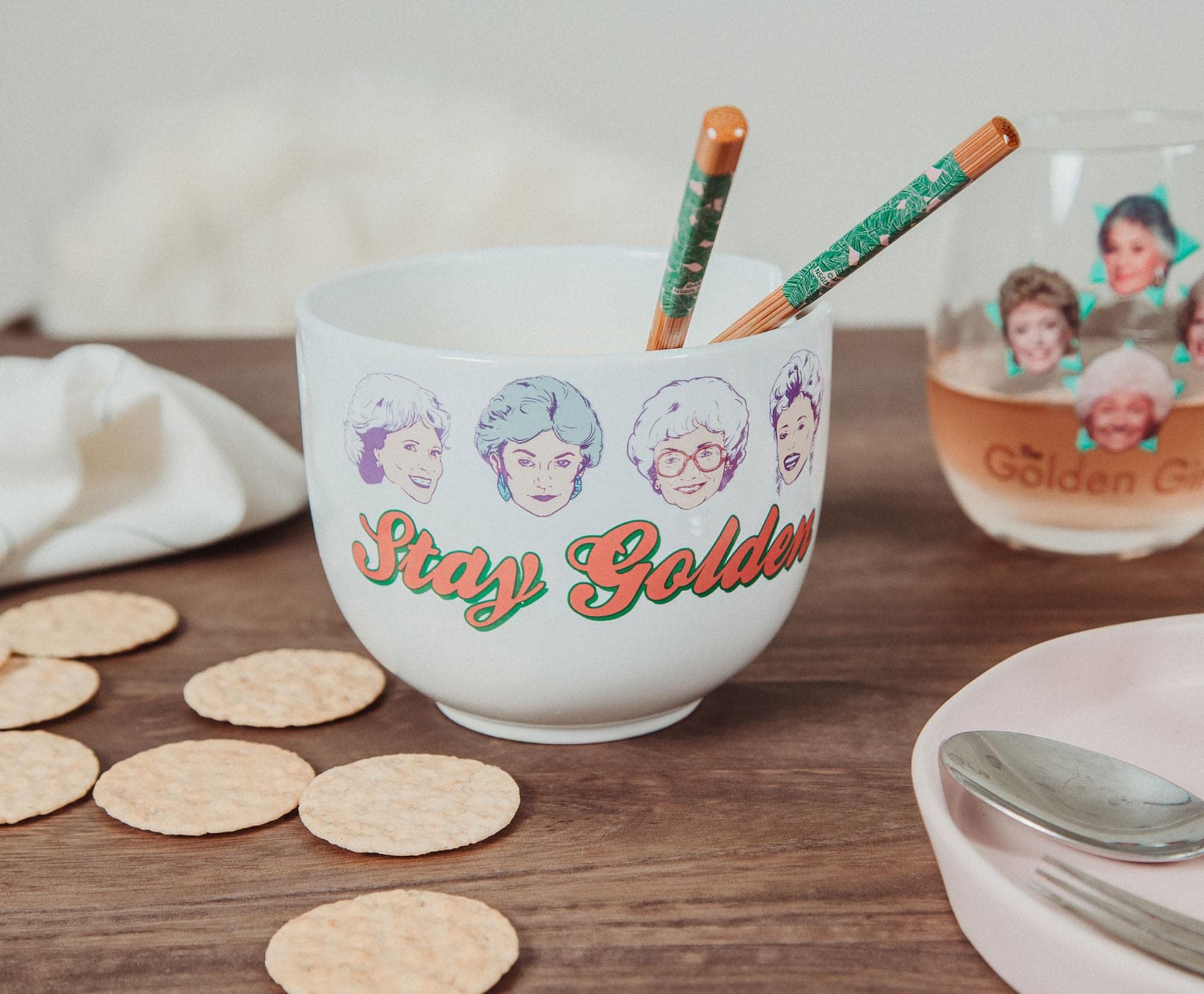 The Golden Girls "Stay Golden" Japanese Ceramic Dinnerware Set | Includes 20-Ounce Ramen Noodle Bowl and Wooden Chopsticks | Asian Food Dish Set For Home & Kitchen | 80s TV Show Gifts and Collectibles