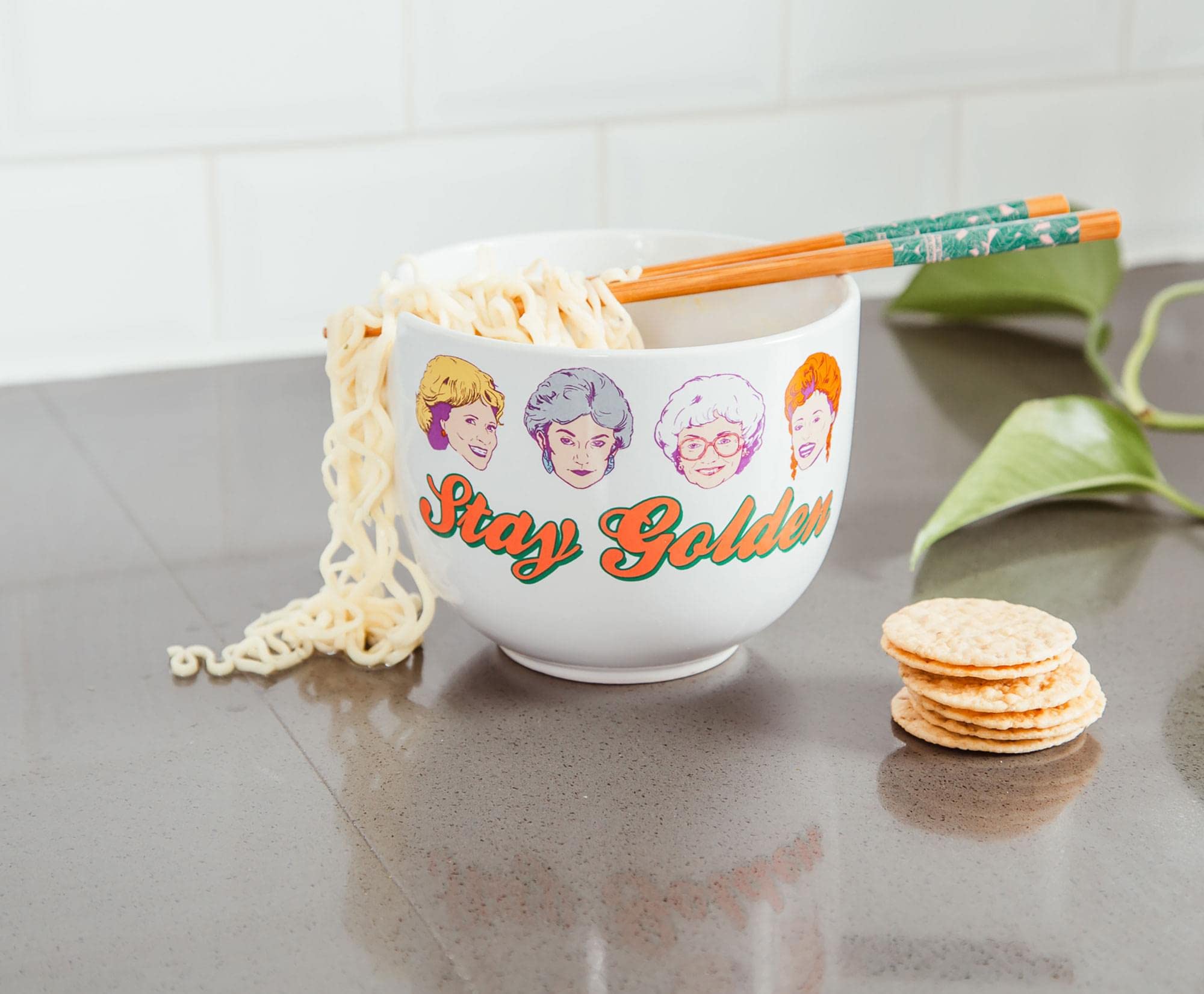 The Golden Girls "Stay Golden" Japanese Ceramic Dinnerware Set | Includes 20-Ounce Ramen Noodle Bowl and Wooden Chopsticks | Asian Food Dish Set For Home & Kitchen | 80s TV Show Gifts and Collectibles