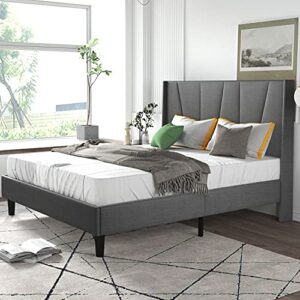 Allewie Full Size Bed Frame/Upholstered Platform Bed with Geometric Wingback Headboard/Mattress Foundation/Wood Slat Support/No Box Spring Needed/Easy Assembly, Dark Grey