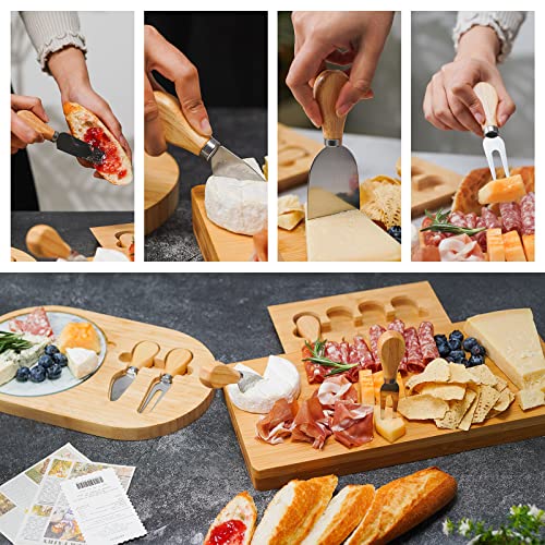 KAHOO Bamboo Cheese Board Set, Wooden Charcuterie Board Serving Platter with Knife Set, for Wine, Cheese, Meat, Fruit， Vegetable