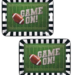 Set of 2 Game On Large Melamine Plastic Football Serving Trays with Handles for Tailgate or Home Party Game Day Fun Serving Platter