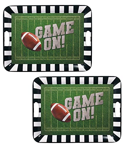 Set of 2 Game On Large Melamine Plastic Football Serving Trays with Handles for Tailgate or Home Party Game Day Fun Serving Platter