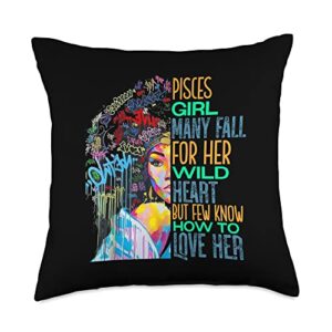 lush blm wild pisces black girl afro march february birthday throw pillow, 18x18, multicolor