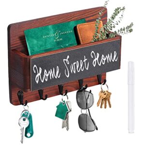 emeral decor pine wood wall key holder - black dry-erase chalkboard (marker included) - decorative rack hook to organize keys, mail, dog leashes - housewarming gift