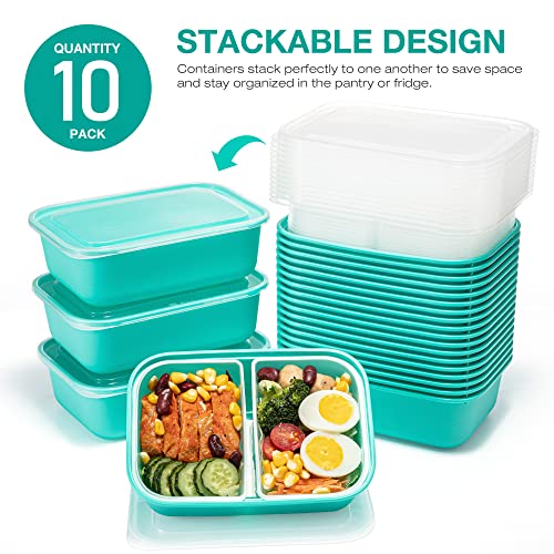 Glotoch Express Food Prep Containers, Double Use as Divided Meal Prep Containers Reusable for Takeouts/Portion Control-Microwave&Freezer&Dishwasher Safe,BPA-Free, Stackable,10 Pack,Green