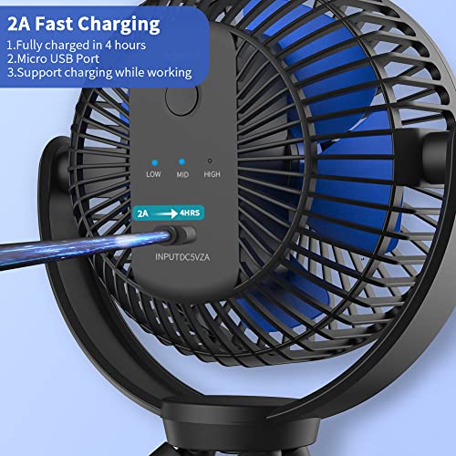 5000mAh Battery Operated Fan with Flexible Tripod, Rechargeable Stroller Fan, Clip Fan for Home Office Peloton Bike Treadmill Golf Cart Car Seat Camping Tent，Ultra Quiet, 3 Speeds, 360° Rotatable