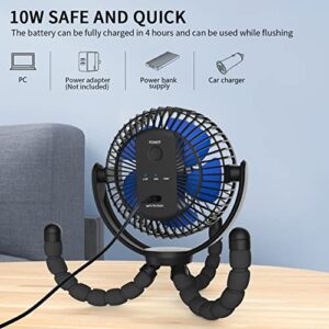 5000mAh Battery Operated Fan with Flexible Tripod, Rechargeable Stroller Fan, Clip Fan for Home Office Peloton Bike Treadmill Golf Cart Car Seat Camping Tent，Ultra Quiet, 3 Speeds, 360° Rotatable