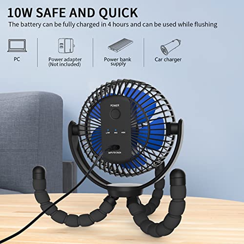 5000mAh Battery Operated Fan with Flexible Tripod, Rechargeable Stroller Fan, Clip Fan for Home Office Peloton Bike Treadmill Golf Cart Car Seat Camping Tent，Ultra Quiet, 3 Speeds, 360° Rotatable