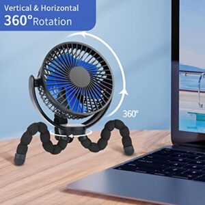 5000mAh Battery Operated Fan with Flexible Tripod, Rechargeable Stroller Fan, Clip Fan for Home Office Peloton Bike Treadmill Golf Cart Car Seat Camping Tent，Ultra Quiet, 3 Speeds, 360° Rotatable