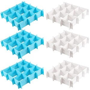 sinjeun 64 pcs plastic diy grid drawer divider plastic grid drawer separators, plastic adjustable drawer storage organizer for socks, makeup, clothes, kitchenware, office supplies, 32 blue, 32 white