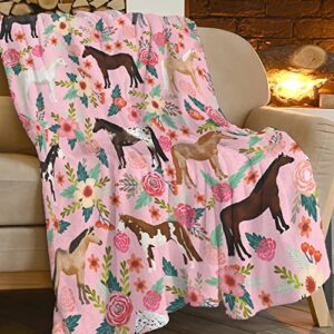 horse blanket gift for girls women cute animal horses flowers fleece flannel throw blankets soft lightweight plush pink blanket for horse lovers decor bed sofa 50"x40"