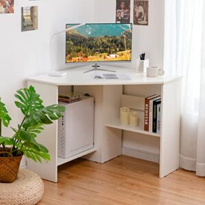 tangkula white corner desk - 90 degrees triangle for computer, small space, bedroom, makeup vanity desk with storage shelves & cpu stand, space saving writing desk