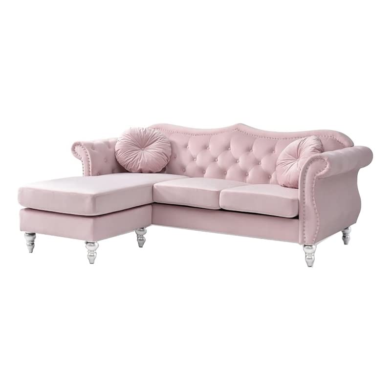 Pemberly Row Transitional Velvet Back Tufted Sofa Chaise in Pink