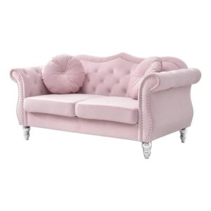 pemberly row 17" transitional tufted velvet loveseat in pink