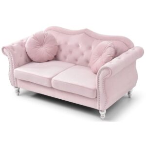 Pemberly Row 17" Transitional Tufted Velvet Loveseat in Pink