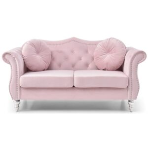 Pemberly Row 17" Transitional Tufted Velvet Loveseat in Pink