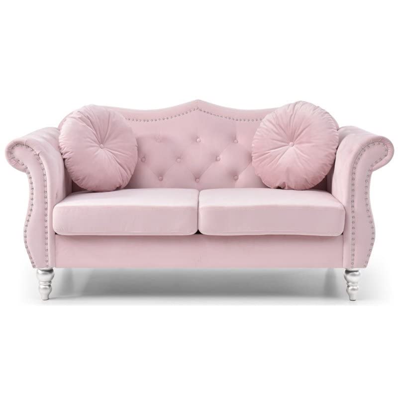 Pemberly Row 17" Transitional Tufted Velvet Loveseat in Pink