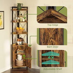 Rolanstar Corner Shelf 5-Tier with Storage, Rustic Corner Bookshelf Stand Storage Rack Plant Stand for Living Room, Home Office, Kitchen, Small Space, Rustic Brown 12.5"D x 18.9"W x 70.9"H