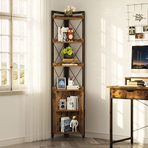 Rolanstar Corner Shelf 5-Tier with Storage, Rustic Corner Bookshelf Stand Storage Rack Plant Stand for Living Room, Home Office, Kitchen, Small Space, Rustic Brown 12.5"D x 18.9"W x 70.9"H