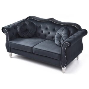 Pemberly Row 17" Transitional Tufted Velvet Loveseat in Black