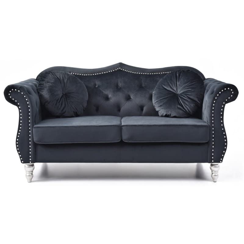 Pemberly Row 17" Transitional Tufted Velvet Loveseat in Black