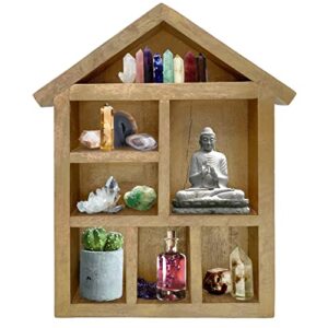 wanda living artisan crystal shelf display - natural wood shelf for crystals, gems, oils & more - boho mini-house crystal display shelf - crystal display case for energy, mindfulness & peace