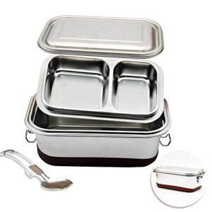 stainless steel lunch box with clip locks for adults salad sandwich with folding spork bento containers for work picnic layered leak proof (1500ml)