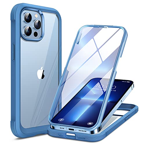 Miracase Glass iPhone 13 Pro Case 6.1 inch, 2023 New Full-Body Clear Bumper Case with Built-in 9H Tempered Glass Screen Protector for iPhone 13 Pro, Capri Blu