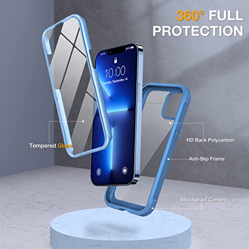 Miracase Glass iPhone 13 Pro Case 6.1 inch, 2023 New Full-Body Clear Bumper Case with Built-in 9H Tempered Glass Screen Protector for iPhone 13 Pro, Capri Blu