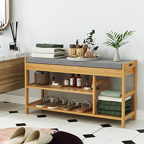 HIFIT Bamboo Shoe Bench, Rack with Storage And Padded Seat, Oiganizer Shelf for Entryway Mudroom Bathroom, Natural