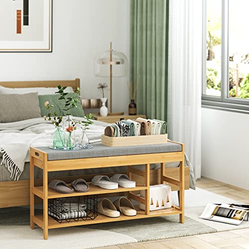 HIFIT Bamboo Shoe Bench, Rack with Storage And Padded Seat, Oiganizer Shelf for Entryway Mudroom Bathroom, Natural