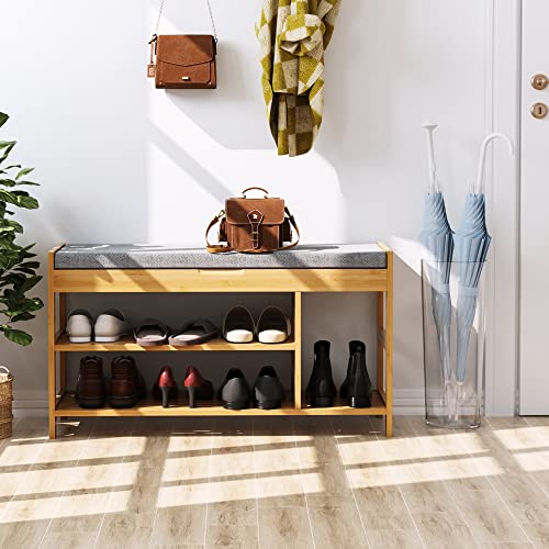 HIFIT Bamboo Shoe Bench, Rack with Storage And Padded Seat, Oiganizer Shelf for Entryway Mudroom Bathroom, Natural