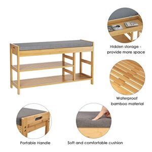 HIFIT Bamboo Shoe Bench, Rack with Storage And Padded Seat, Oiganizer Shelf for Entryway Mudroom Bathroom, Natural