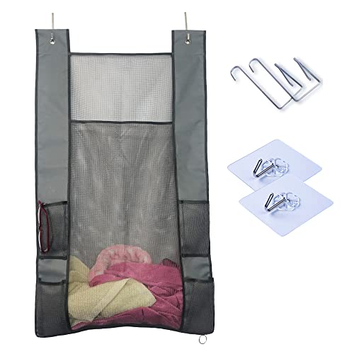 Sainal Hanging Laundry Hamper Bag Large Over The Door Mesh Storage Bag and Space Saving Clothes Hamper with Hooks,Wall-mounted Foldable Laundry Basket (Grey)