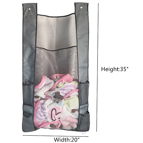 Sainal Hanging Laundry Hamper Bag Large Over The Door Mesh Storage Bag and Space Saving Clothes Hamper with Hooks,Wall-mounted Foldable Laundry Basket (Grey)