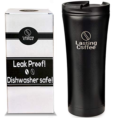 Lasting Coffee Leak Proof Dishwasher Safe Double Wall Vacuum Insulated Stainless Steel Travel Mug, 16 oz (Black)