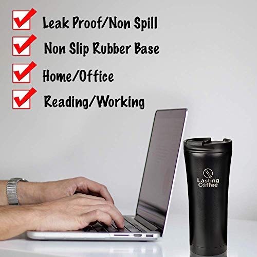 Lasting Coffee Leak Proof Dishwasher Safe Double Wall Vacuum Insulated Stainless Steel Travel Mug, 16 oz (Black)